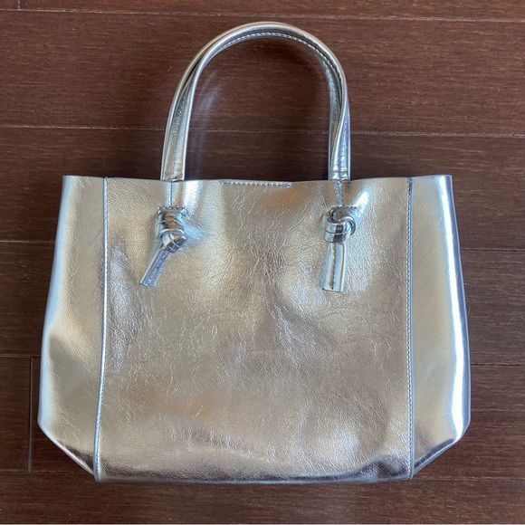 Bags | Mango Metallic Silver Tote Bag | Poshmark